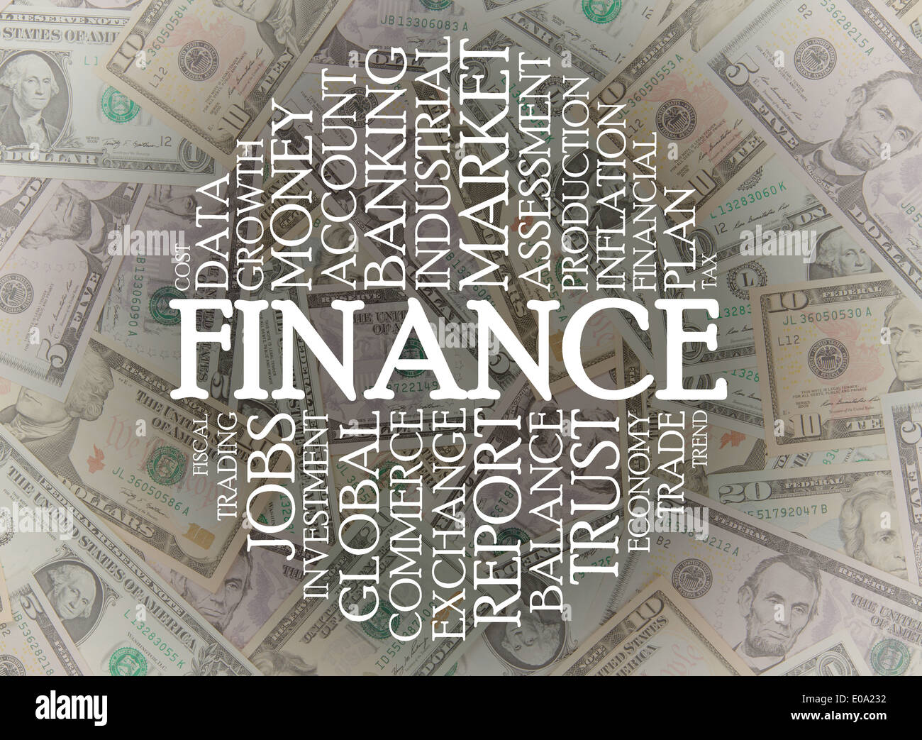 Finance word cloud on top of american dollars Stock Photo - Alamy