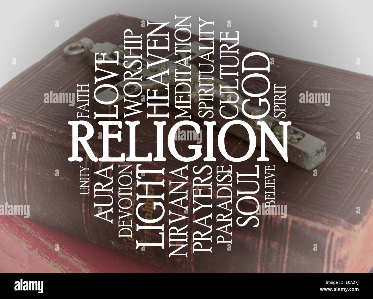 Religion word cloud with a religious background Stock Photo - Alamy
