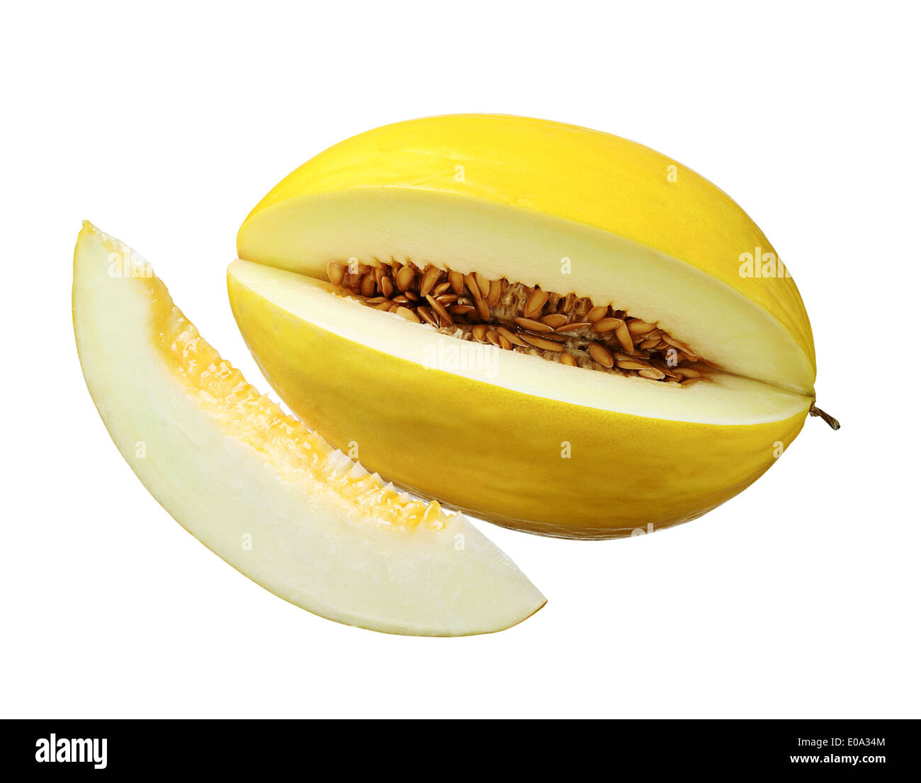 Sweet yellow melon with a slice isolated on white Stock Photo - Alamy