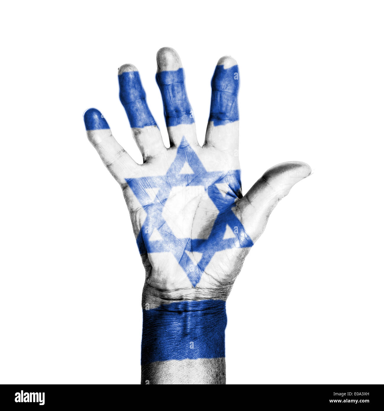 Hand of an old woman wrapped with a pattern of the flag of Israel ...