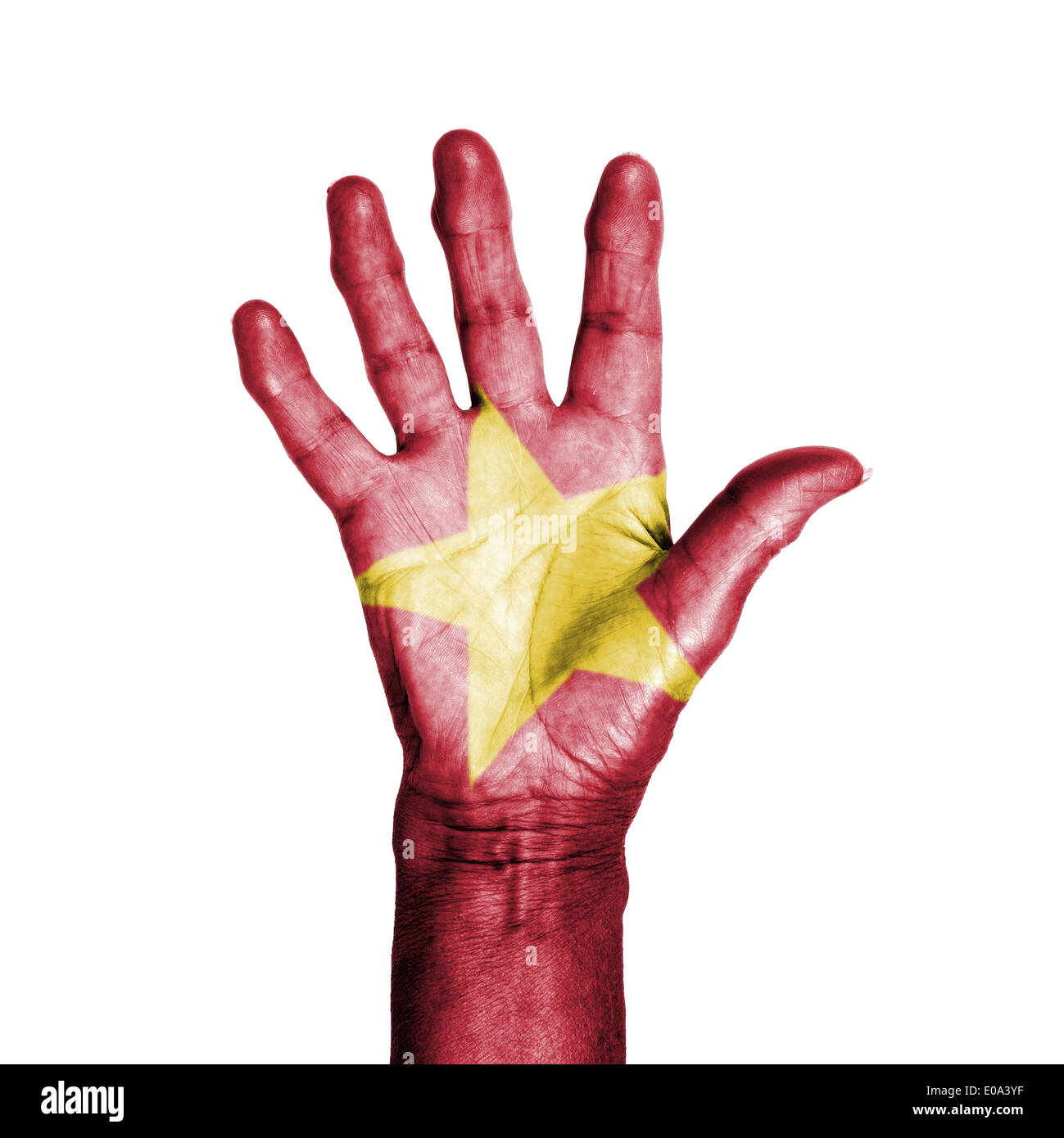 Hand of an old woman wrapped with a pattern of the flag of Vietnam ...