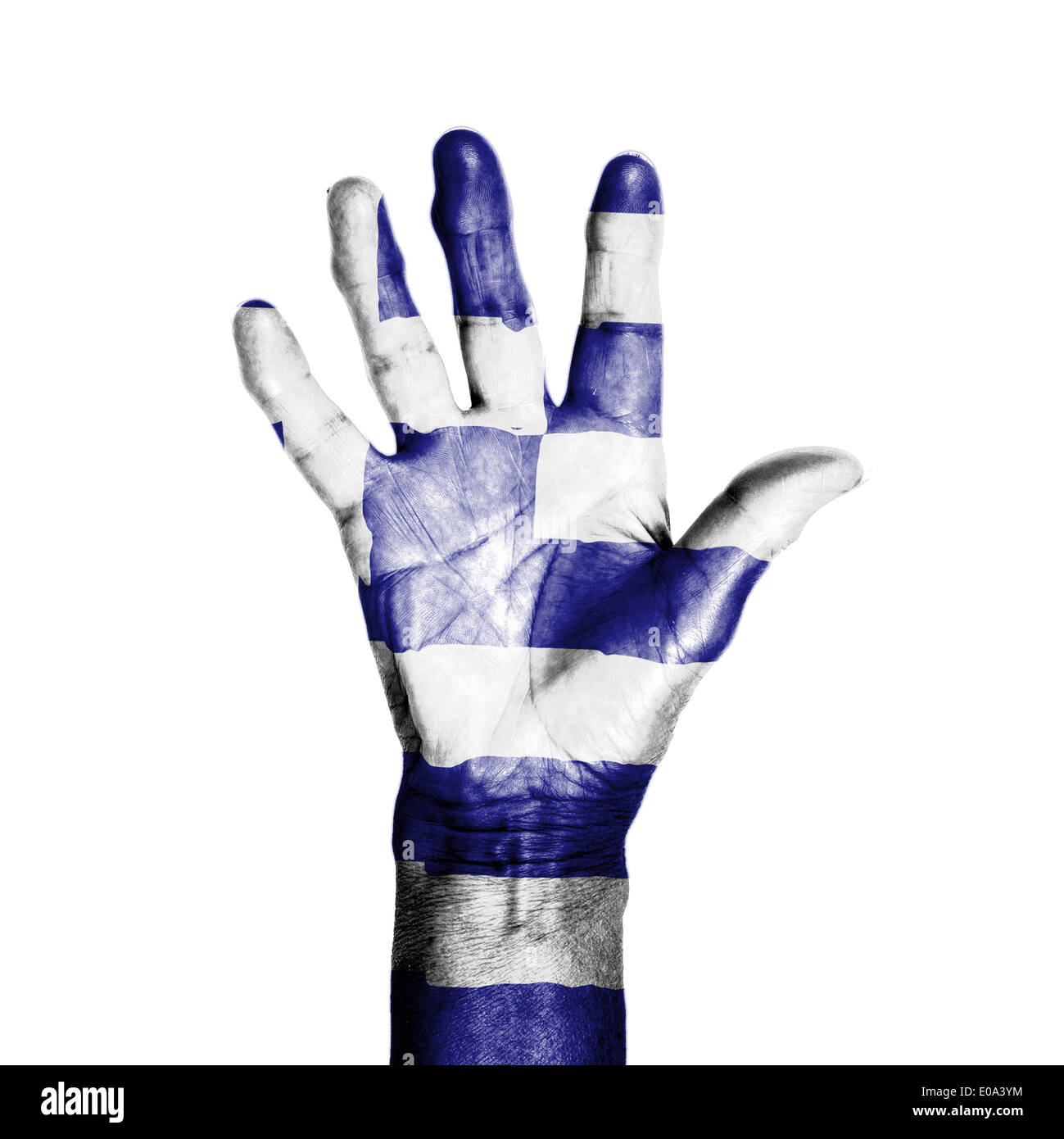 Hand of an old woman wrapped with a pattern of the flag of Greece ...