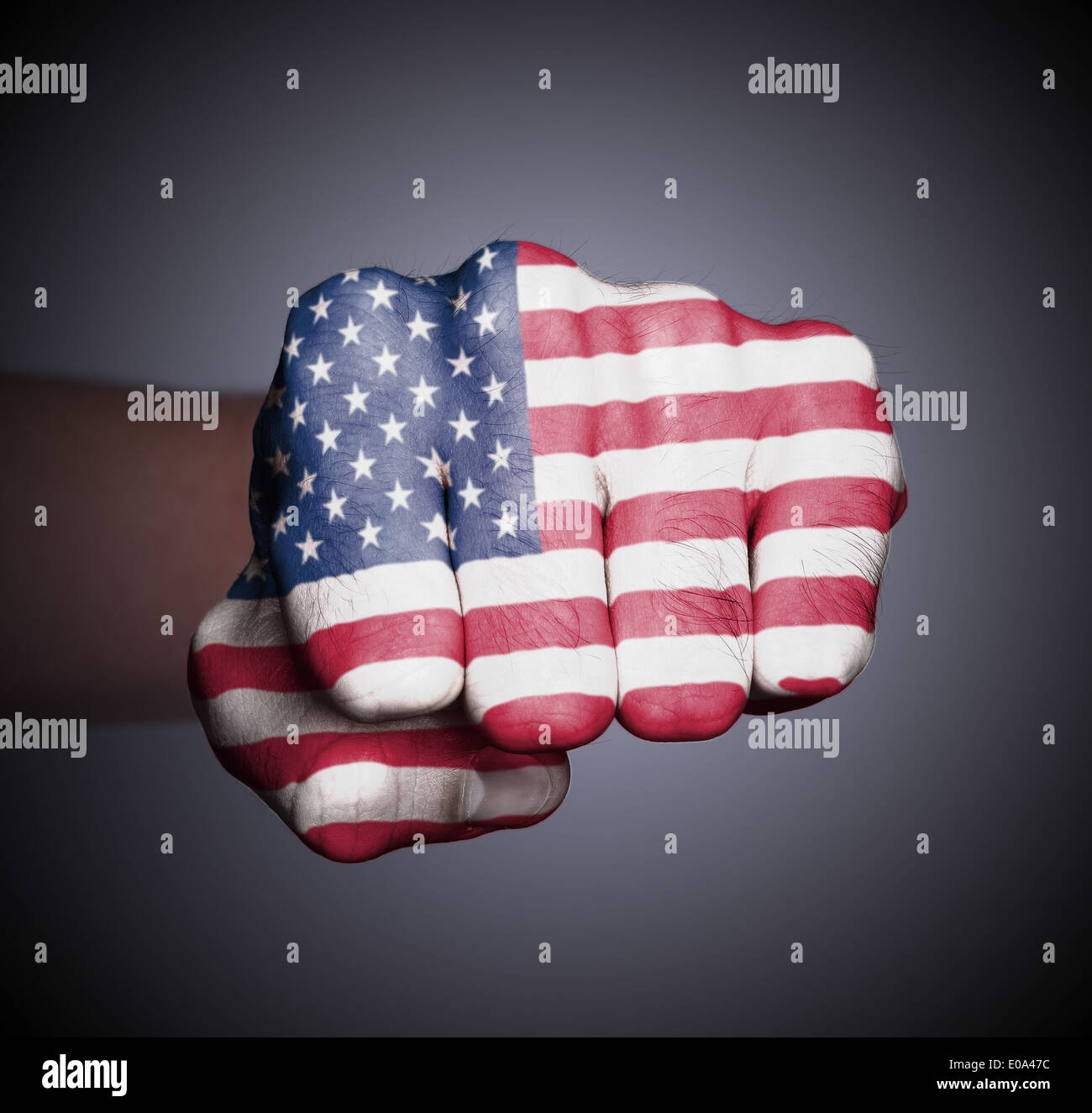 Front view of punching fist on gray background flag of the USA Stock ...