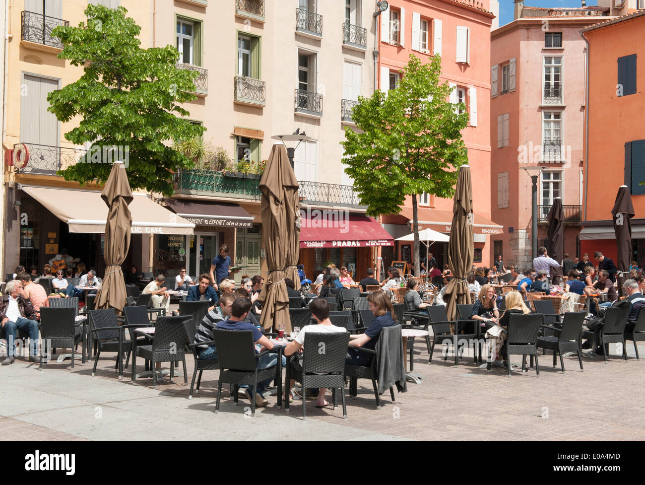 The square Place de la République in Perpignan, Pyrenees-Orientales, is ...