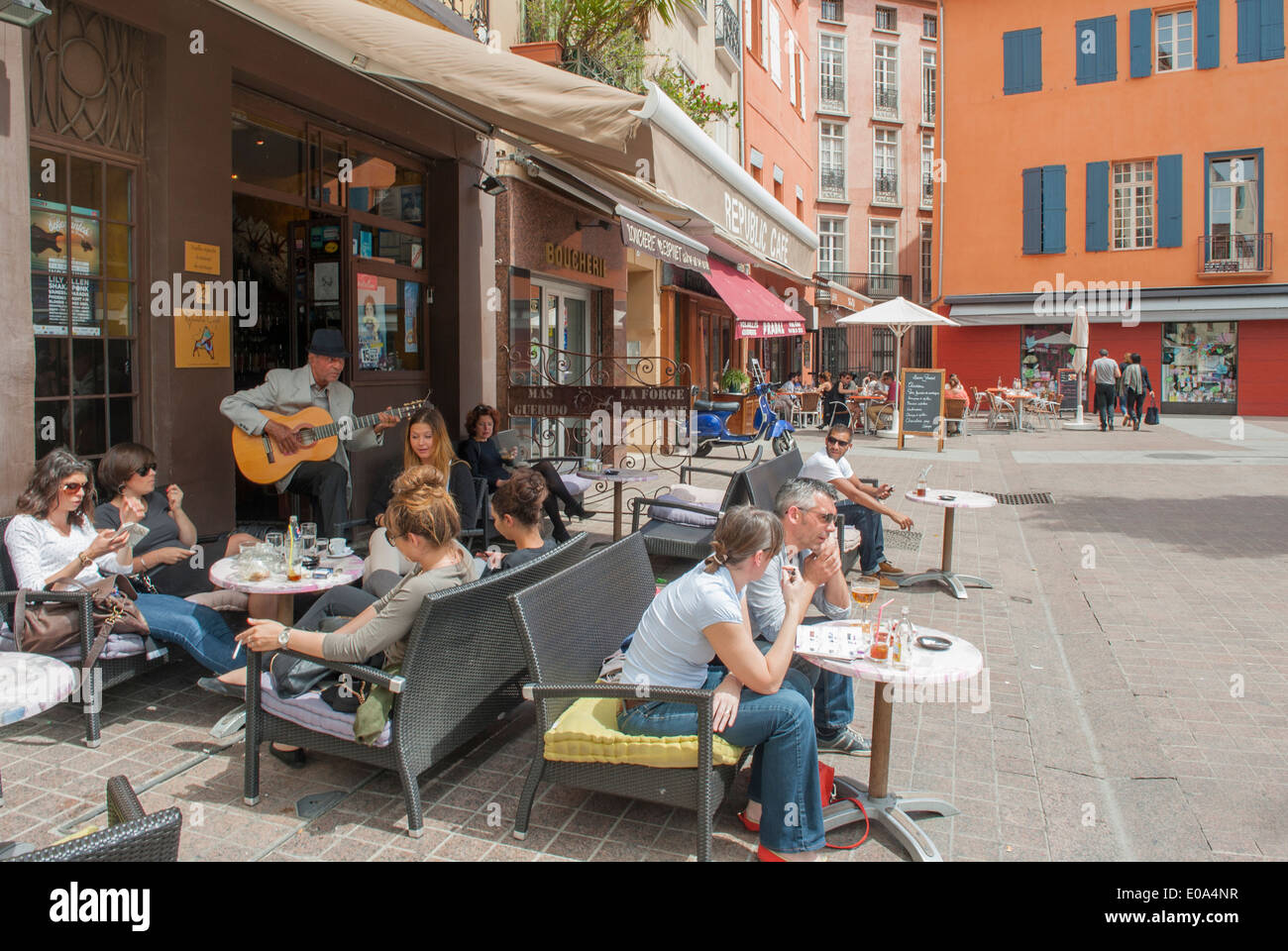 The square Place de la République in Perpignan, Pyrenees-Orientales, is ...