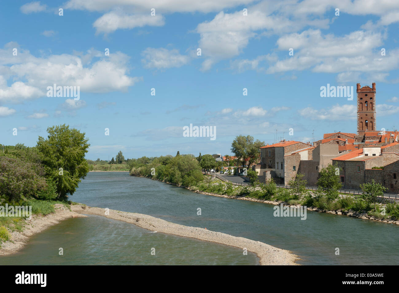 View of Rivesaltes with Agly river. The small town is known for its ...