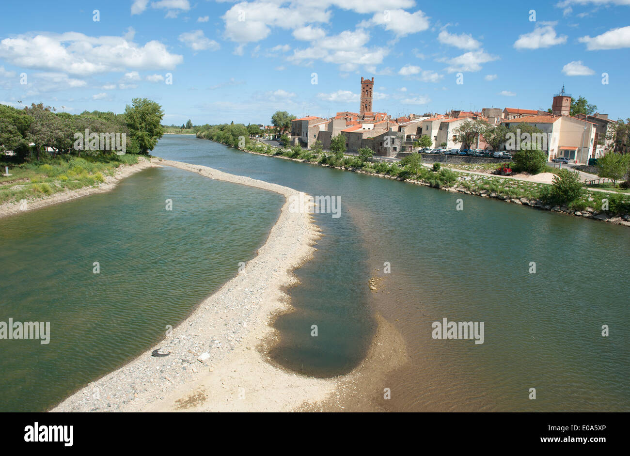 View of Rivesaltes with Agly river. The small town is known for its ...