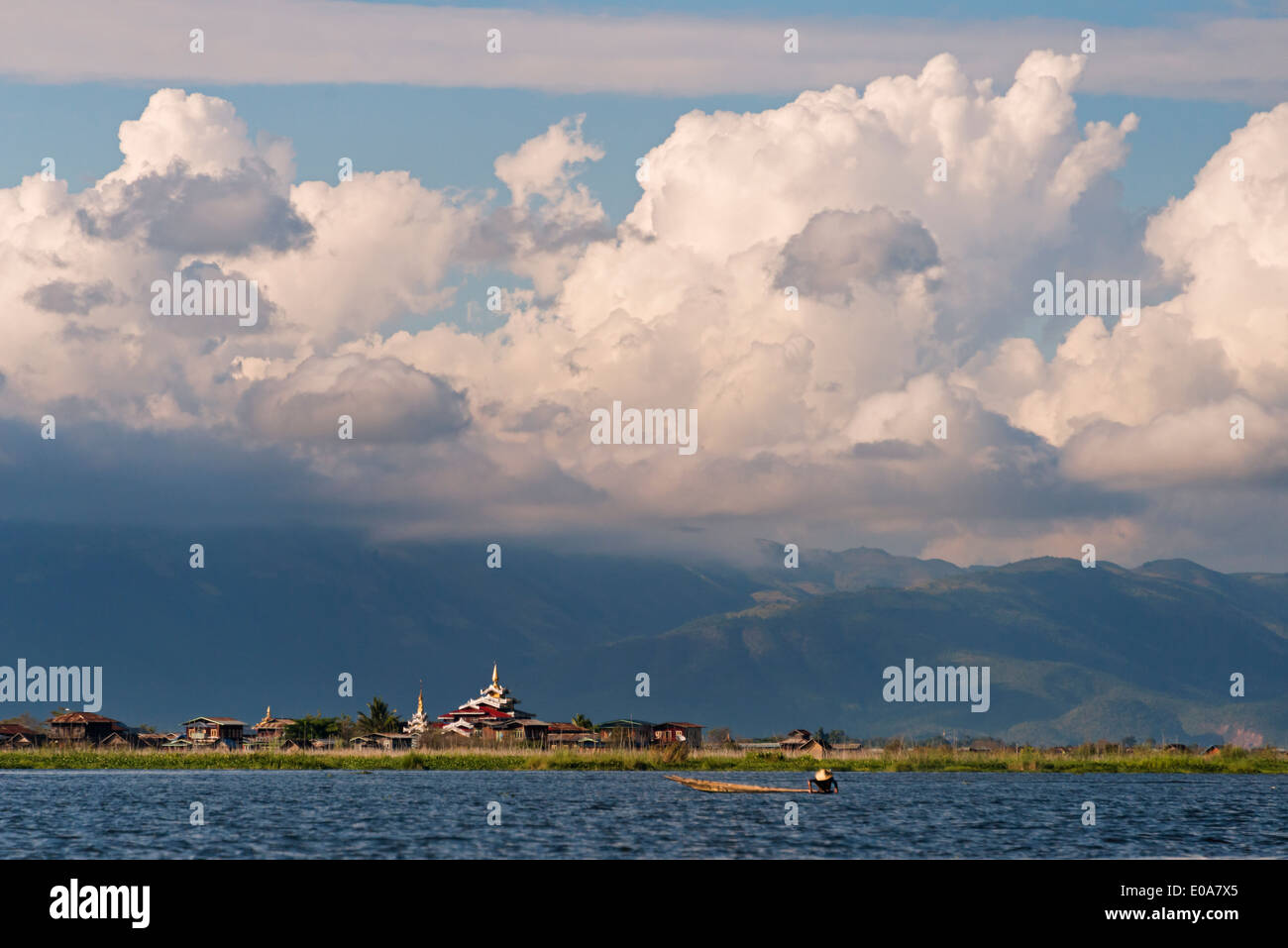 Village and temple on the shores of Inle Lake, Shan State, Myanmar ...
