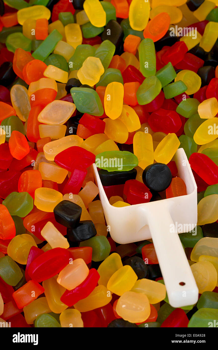 Wine gums or gum drops a popular retro sweet also known as Gummy candy at a pick and mix self ...