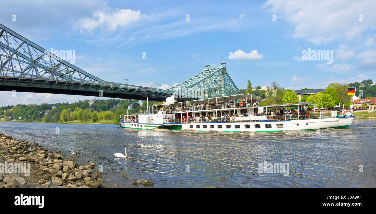 Side Wheeler LEIPZIG and Blue Wonder bridge, Dresden, Saxony, Germany ...