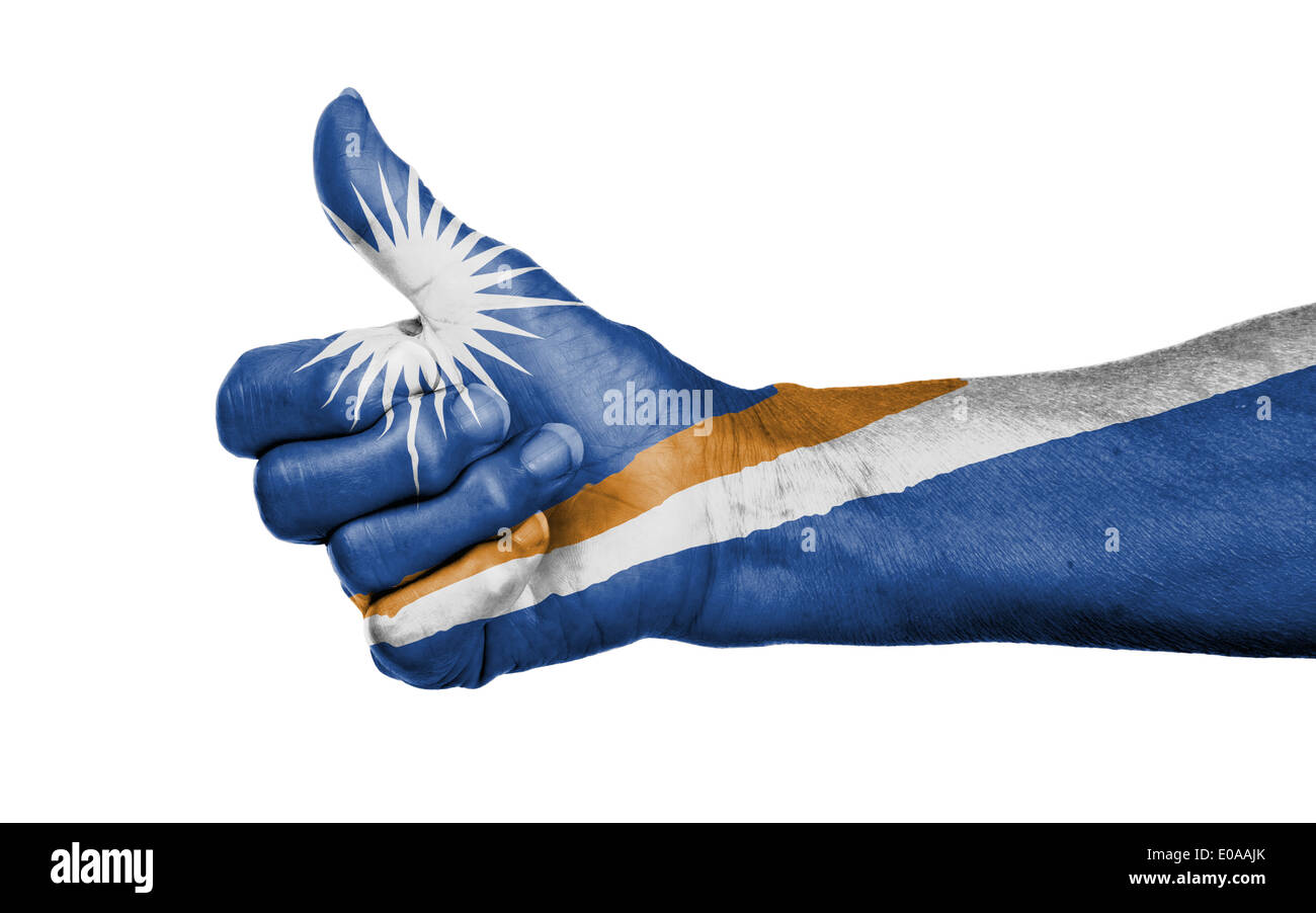 Old woman giving the thumbs up sign isolated flag of The Marshall ...