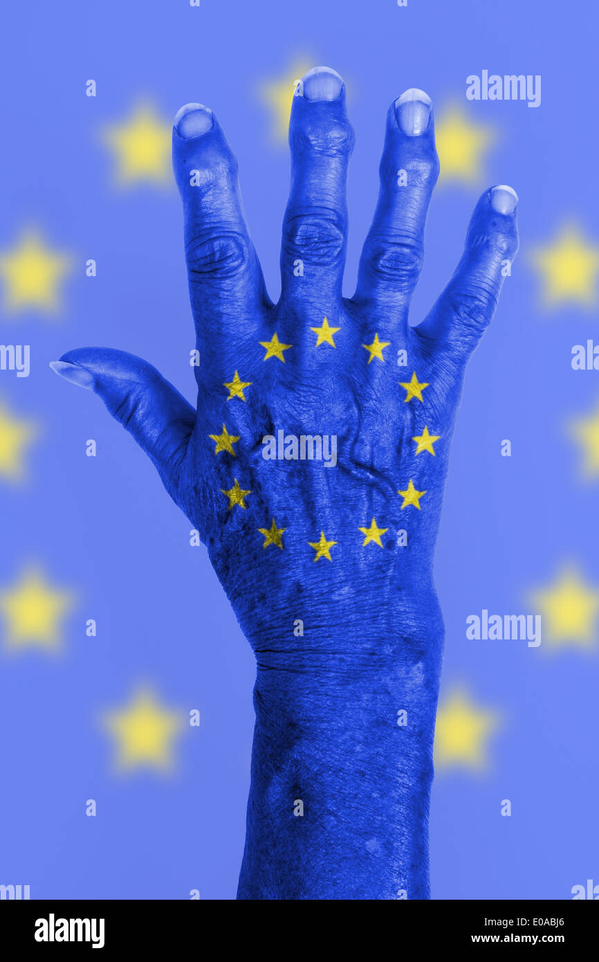 Isolated old hand with flag European Union EU Stock Photo - Alamy