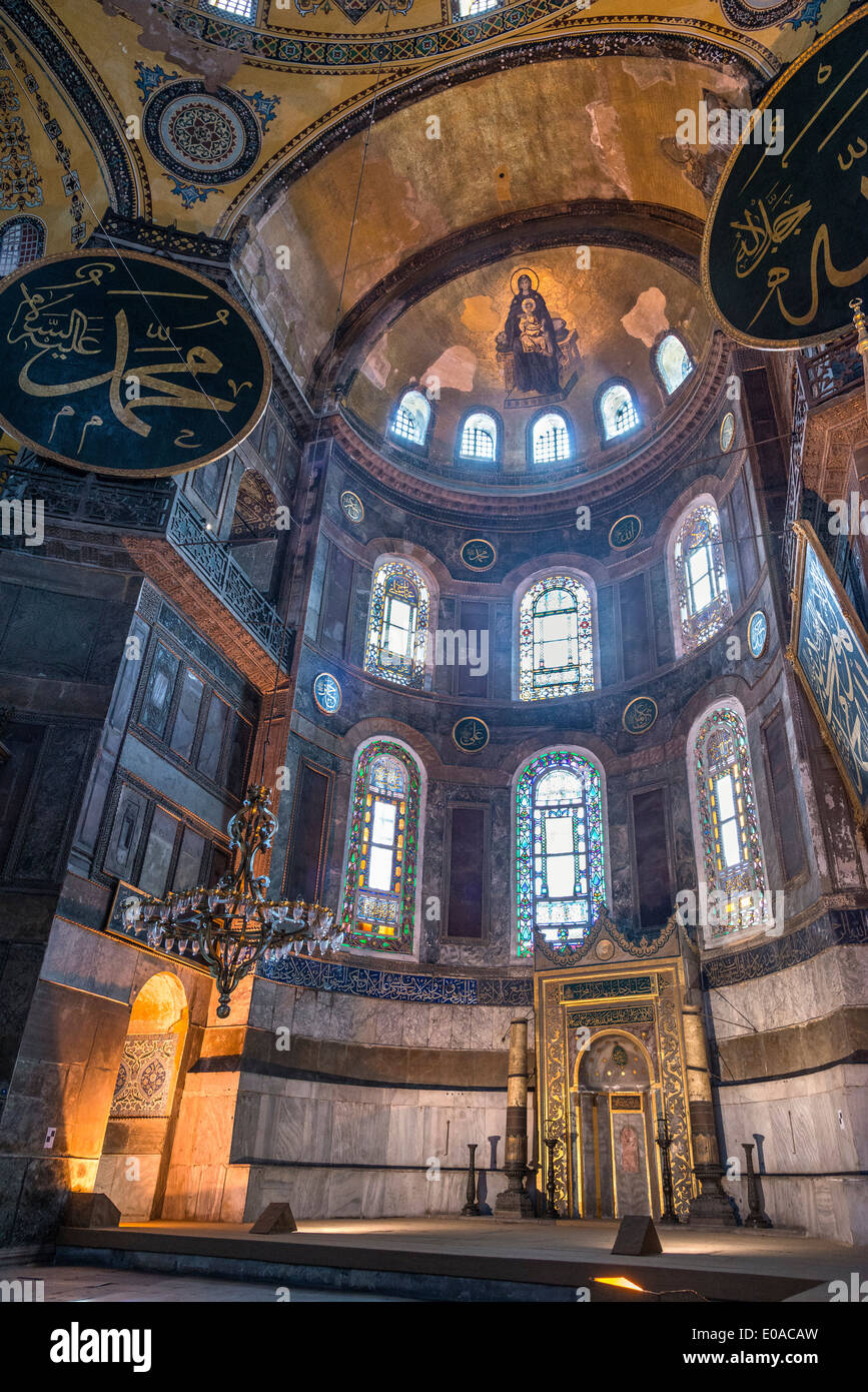The Mihrab and apse, Aya Sofya, with the mosaic of the Virgin and child ...