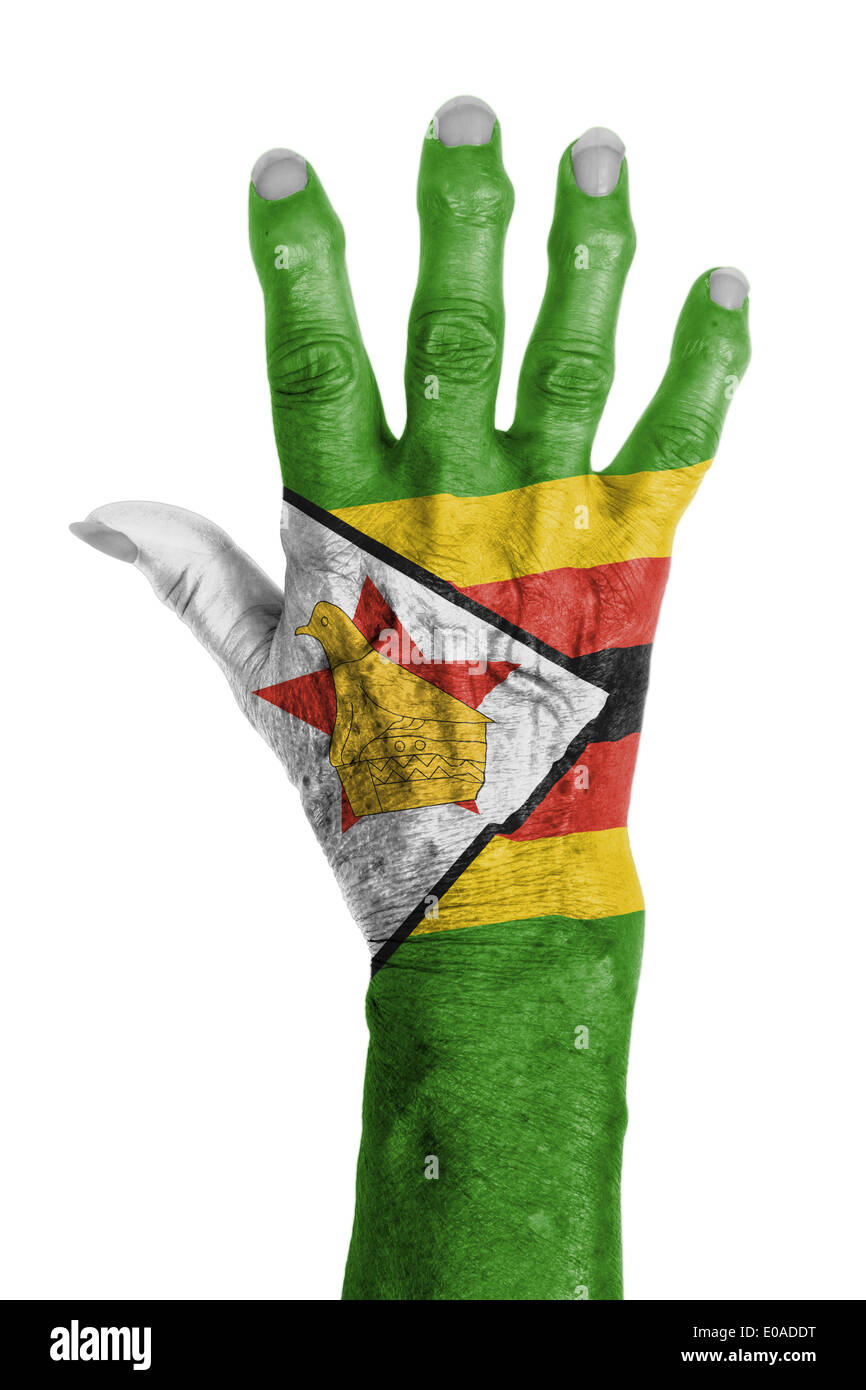 Hand of an old woman wrapped in flag of Zimbabwe Stock Photo - Alamy