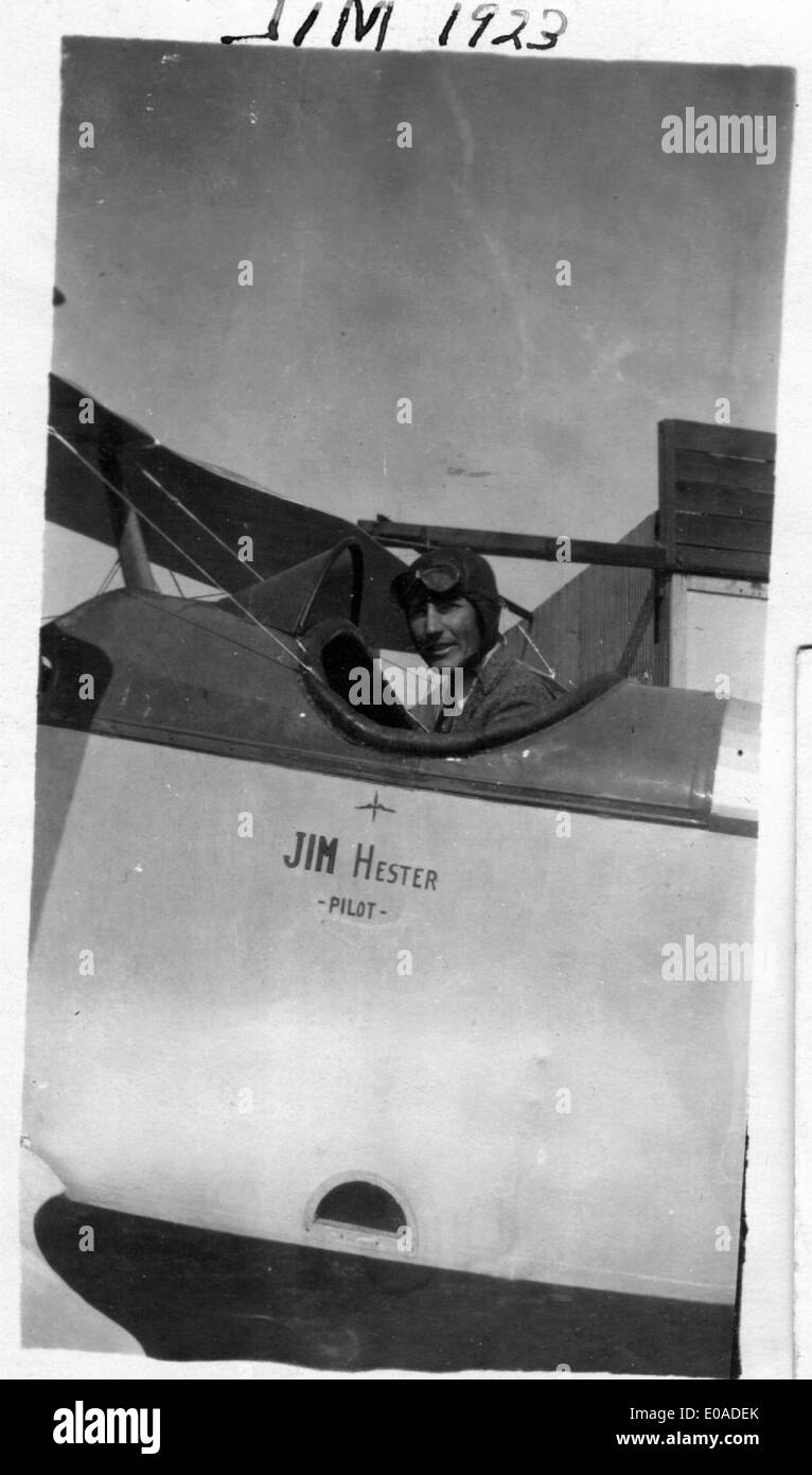This 1923 image shows Jim Hester, a notable aviator of the era, in the ...