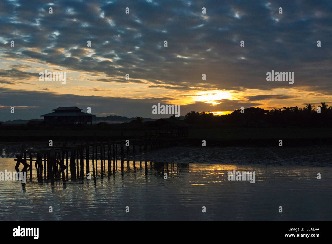 Dock on the Kaladan River at sunset, Sittwe, Rakhine State, Myanmar ...