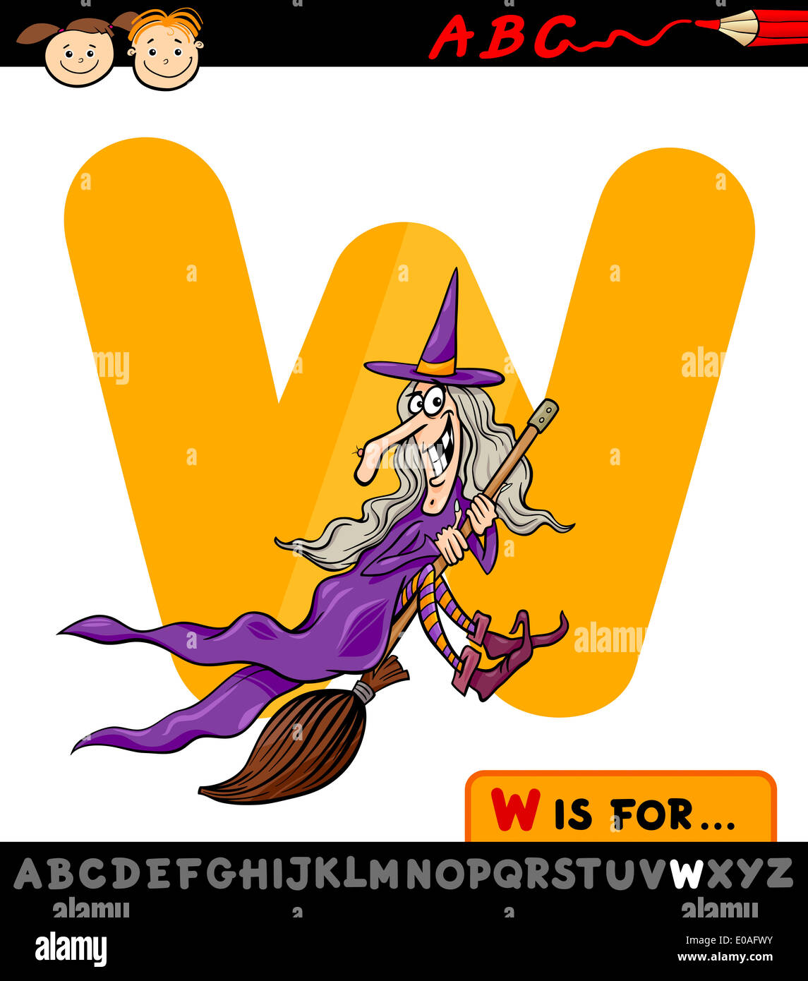 Cartoon Illustration of Capital Letter W from Alphabet with Witch for ...