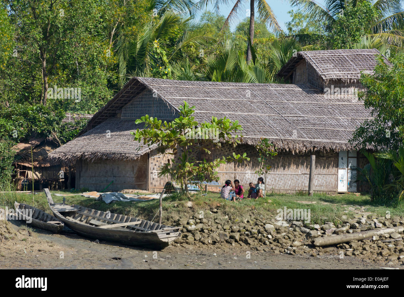 Village on the shore of the Kaladan River, Sittwe, Rakhine State ...