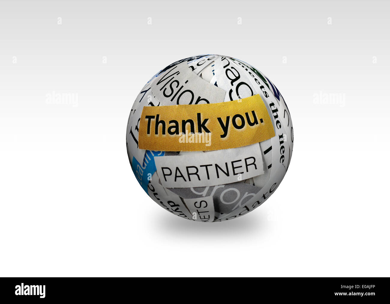 newspaper collage thank you ,partner on 3d sphere Stock Photo - Alamy