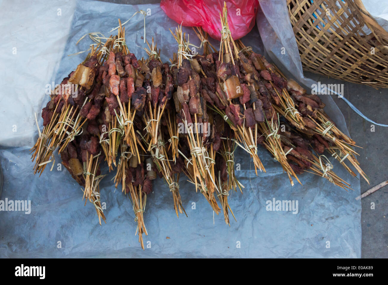 Selling meat on stick at the market, Sittwe, Rakhine State, Myanmar ...