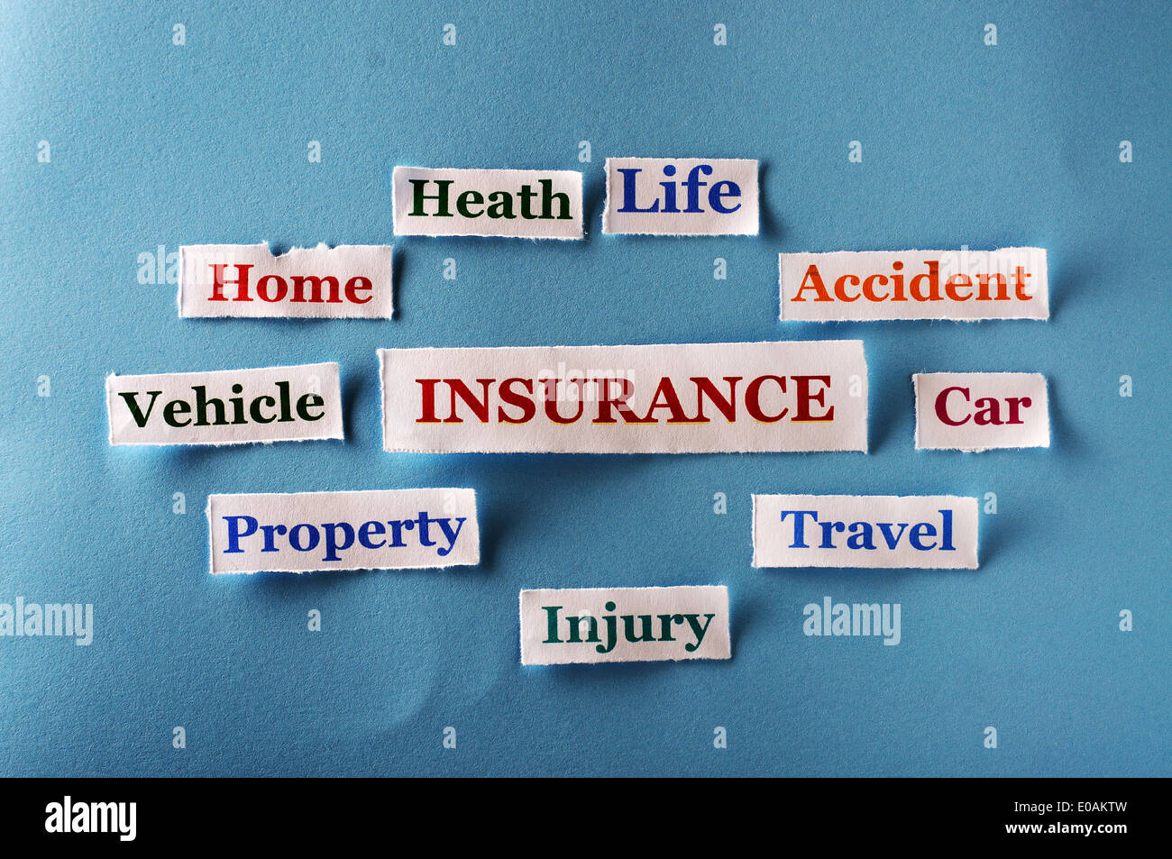 insurance Word Cloud printed on paper on blue font Stock Photo - Alamy