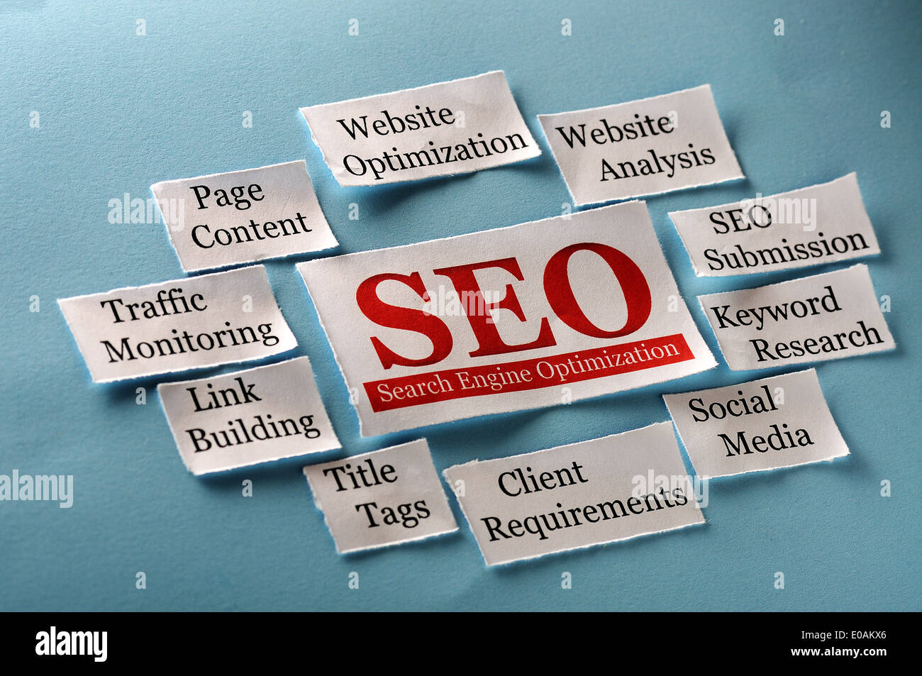 SEO Word Cloud printed on paper on blue font Stock Photo - Alamy