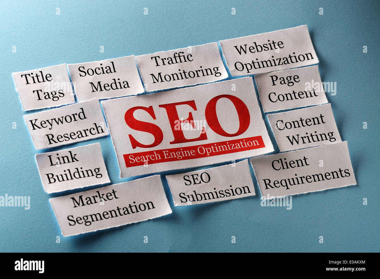 SEO Word Cloud printed on paper on blue font Stock Photo - Alamy