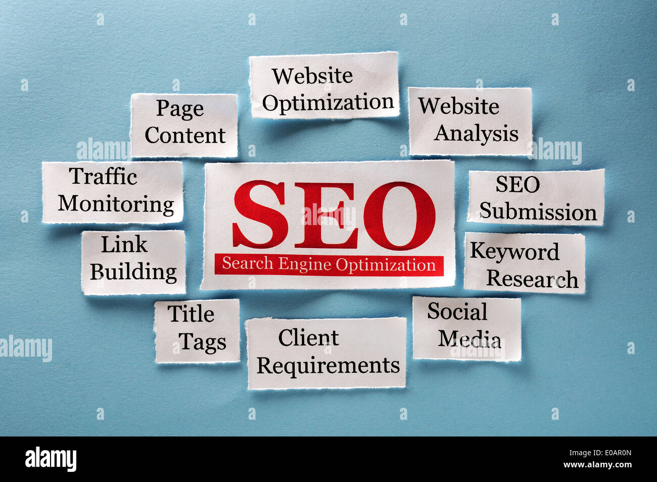 SEO Word Cloud printed on paper on blue Stock Photo - Alamy