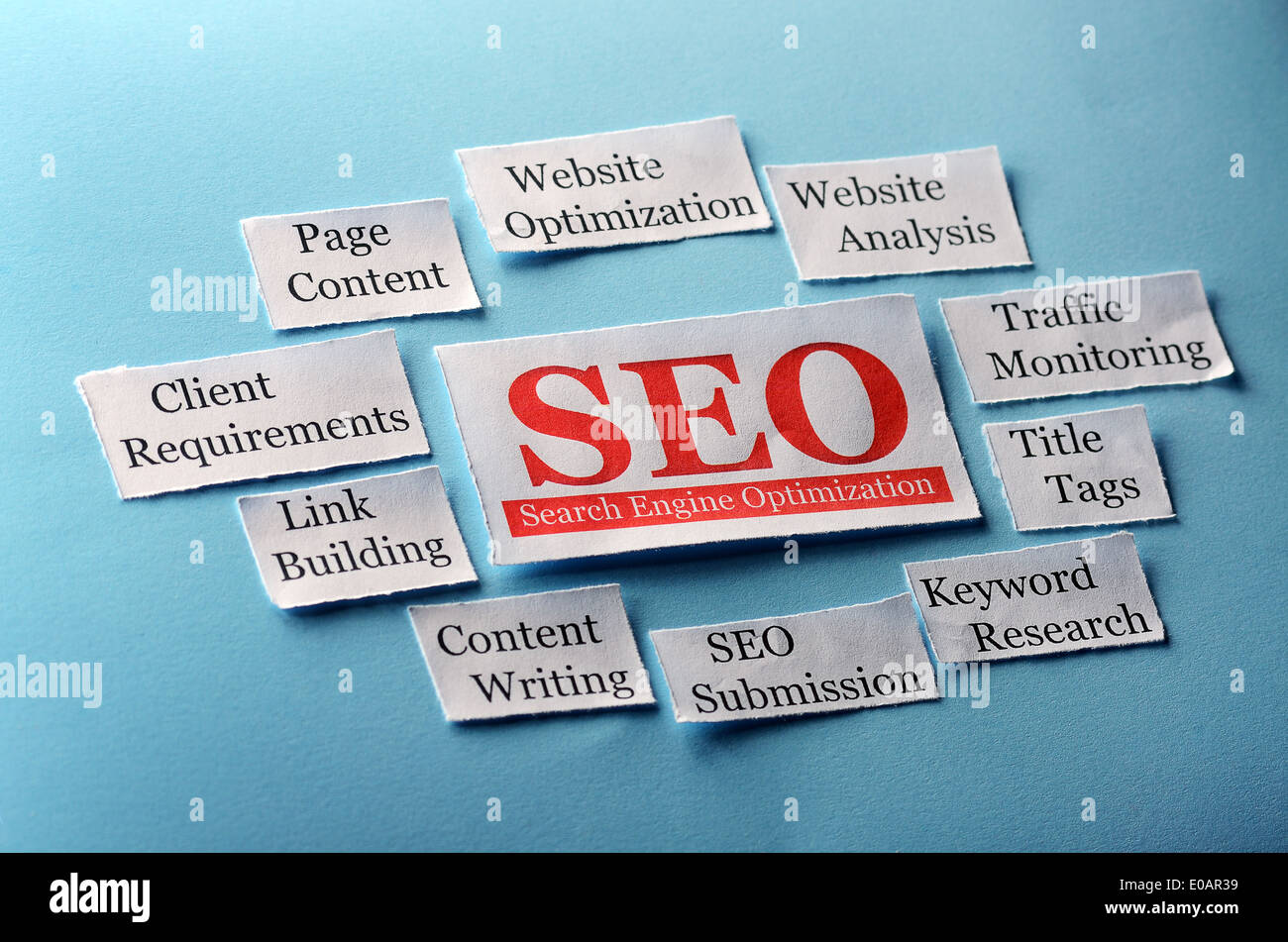 SEO Word Cloud printed on paper on blue font Stock Photo - Alamy
