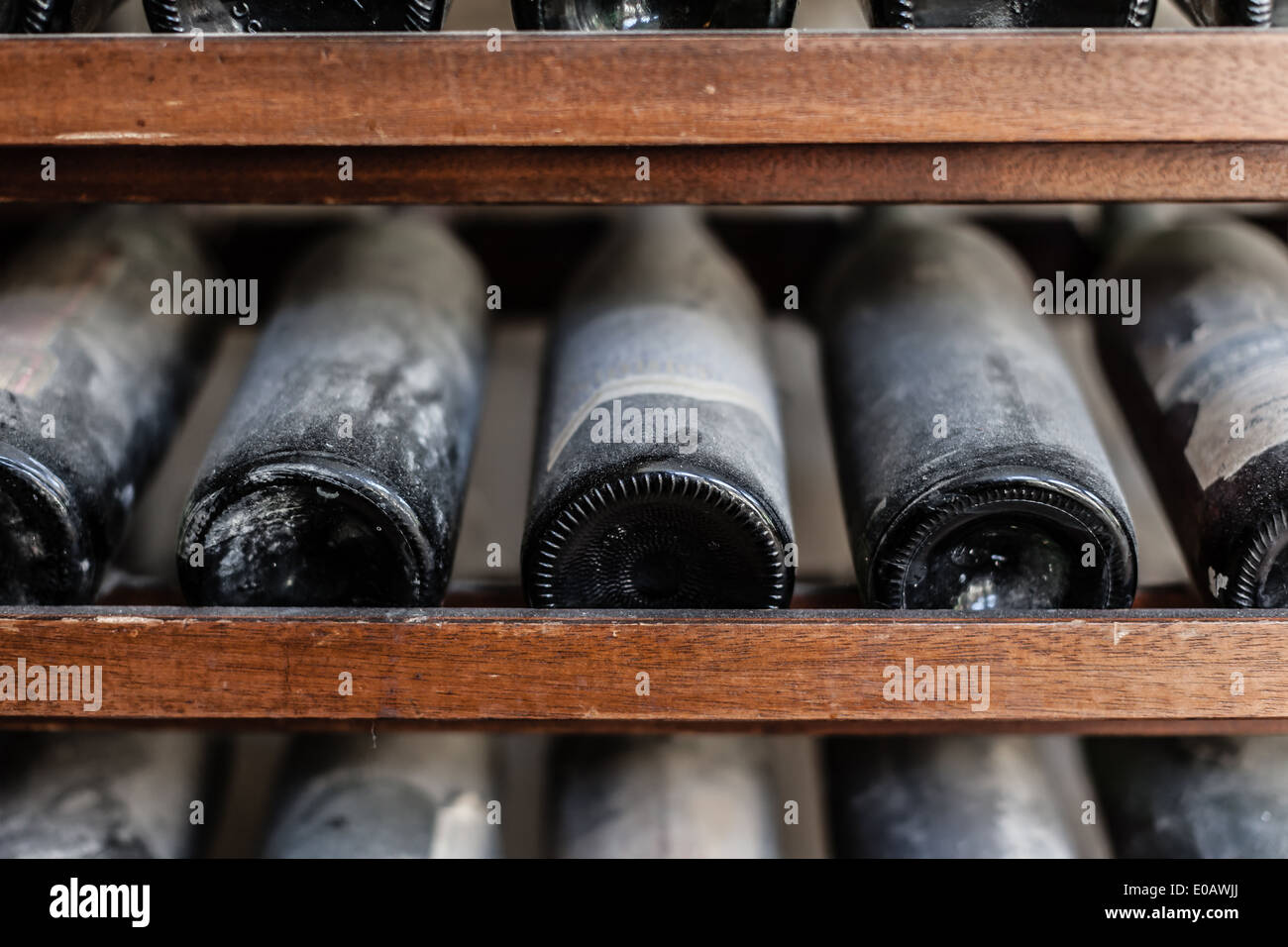 a row of ancient and tasteful dusty wine bottles in a cellar Stock ...