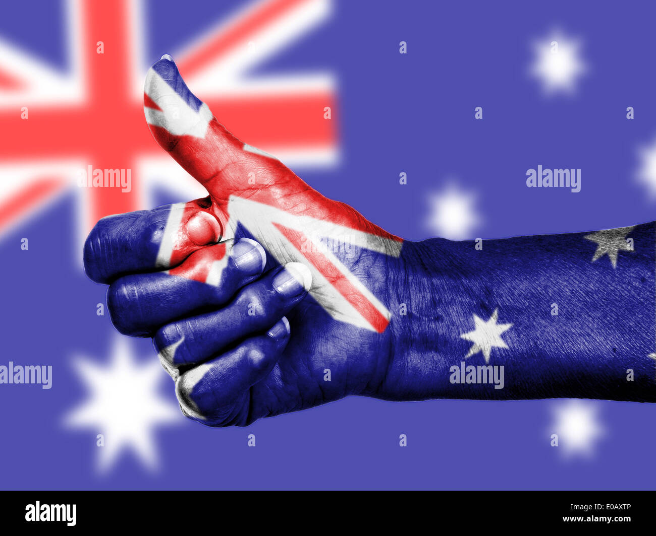 Australian flag on thumbs up hand isolated on a flag background Stock ...