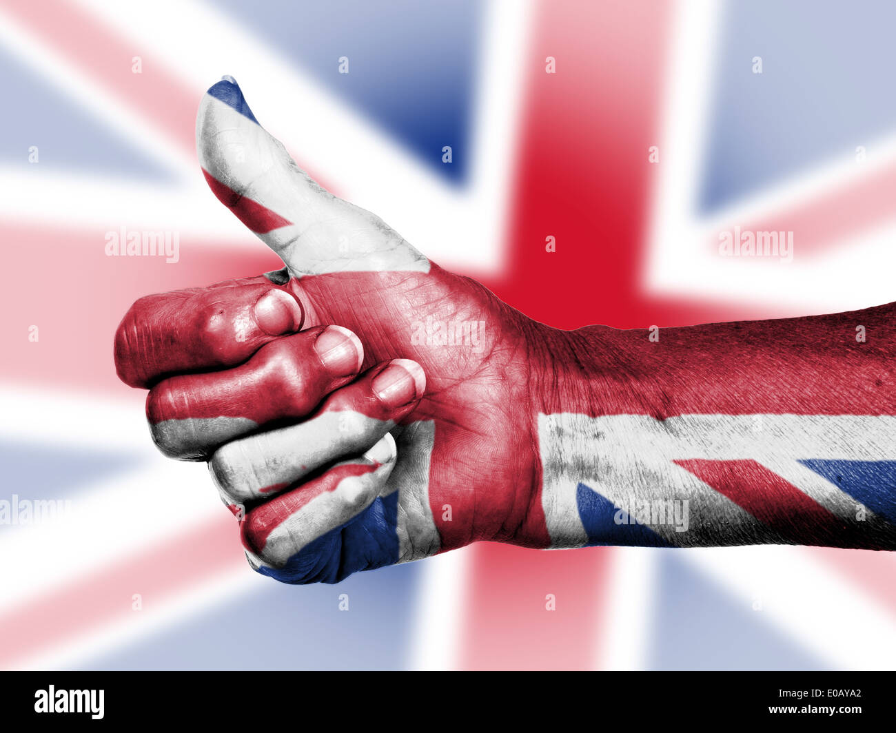 Union Jack on thumbs up hand isolated on a flag background Stock Photo ...