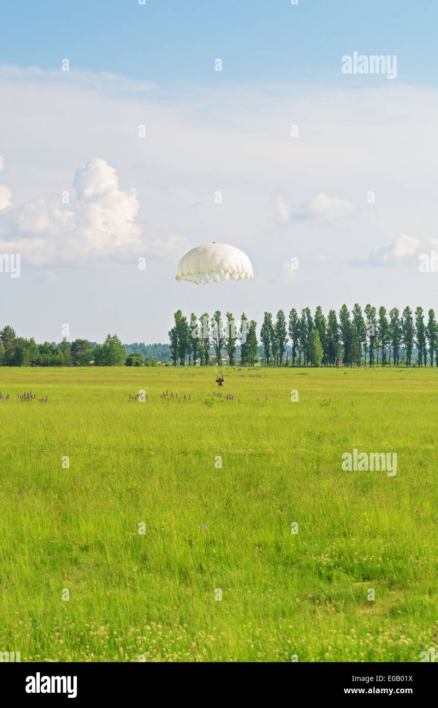 One day with parachutist in airfield. The skydiver lands under the ...