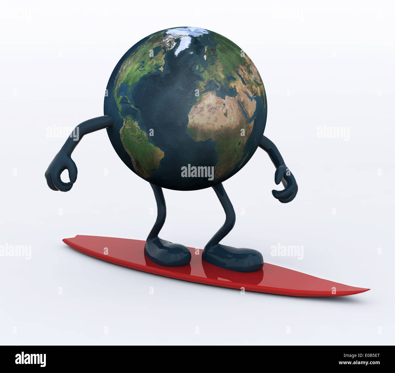 planet earth with arms and legs over the surfboard, 3d illustration ...