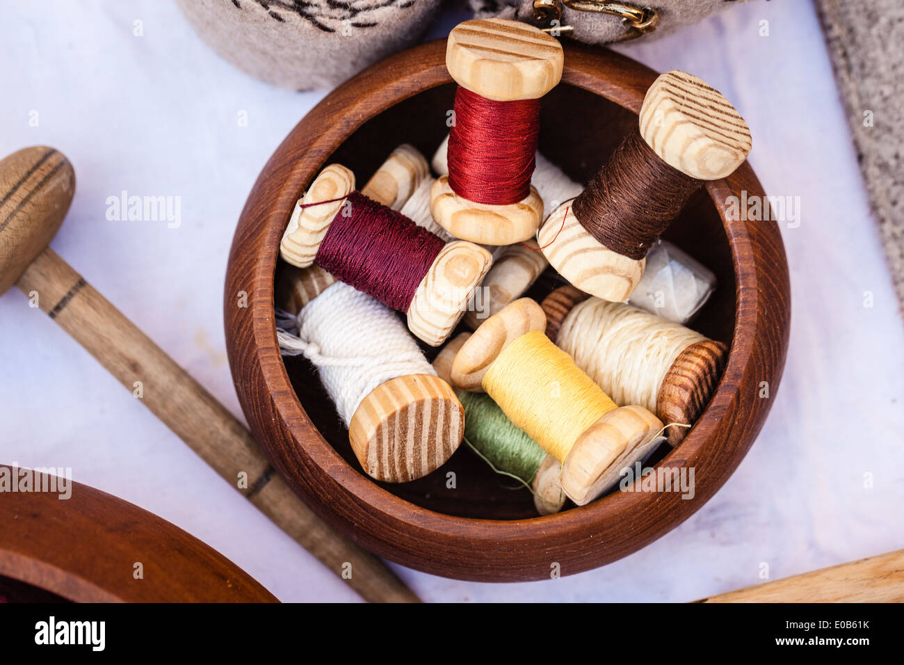 Vintage wooden bobbins hi-res stock photography and images - Alamy