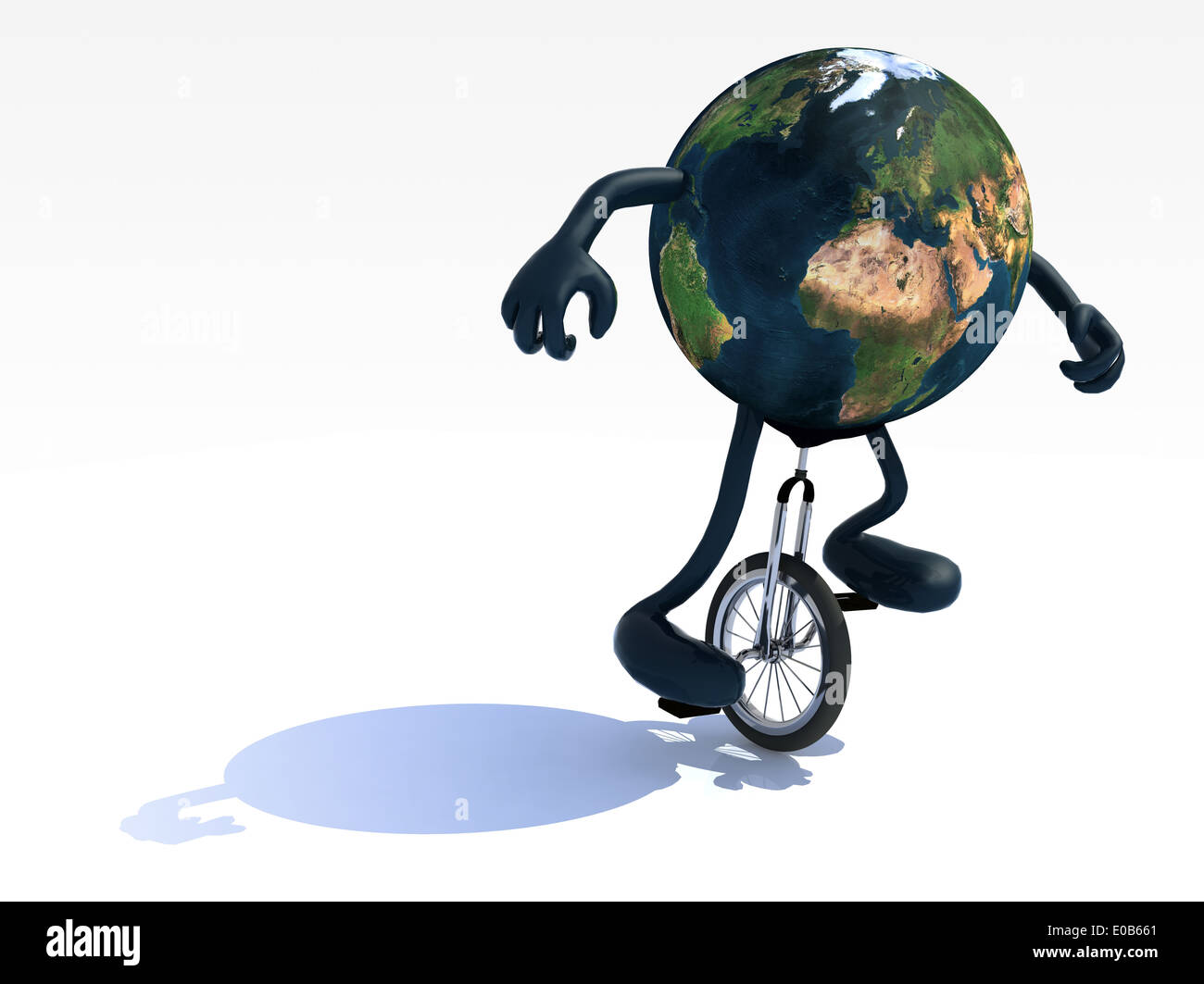 planet earth with arms and legs rides a unicycle with ease, 3d ...