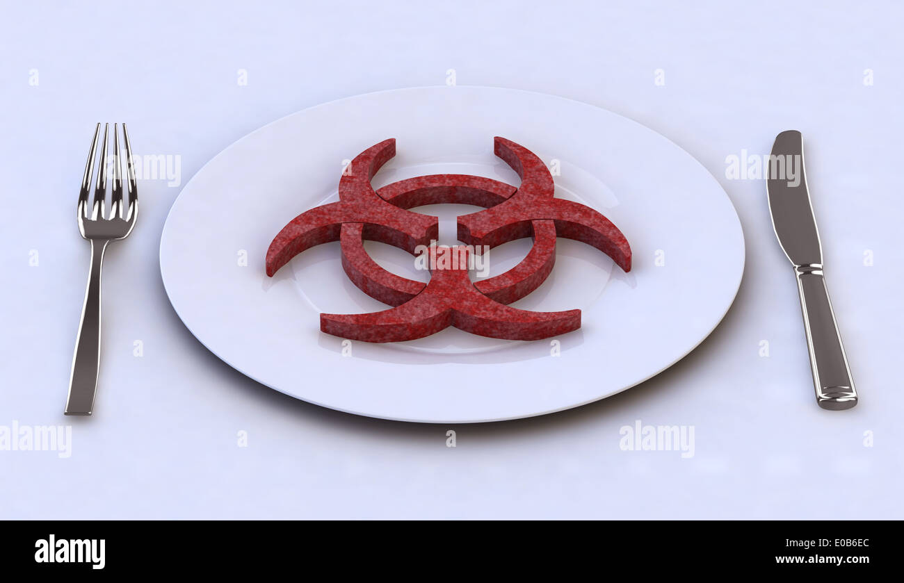 dangerous food into plate with for and knife, 3d illustration Stock ...