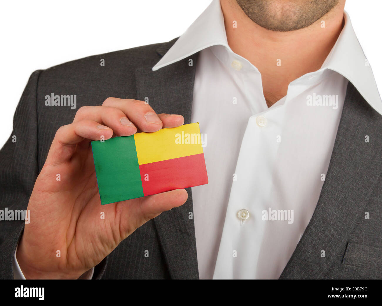 Businessman is holding a business card flag of Benin Stock Photo - Alamy