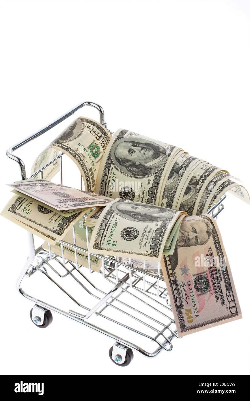Dollar of bank notes in a shopping cart. Before white background ...
