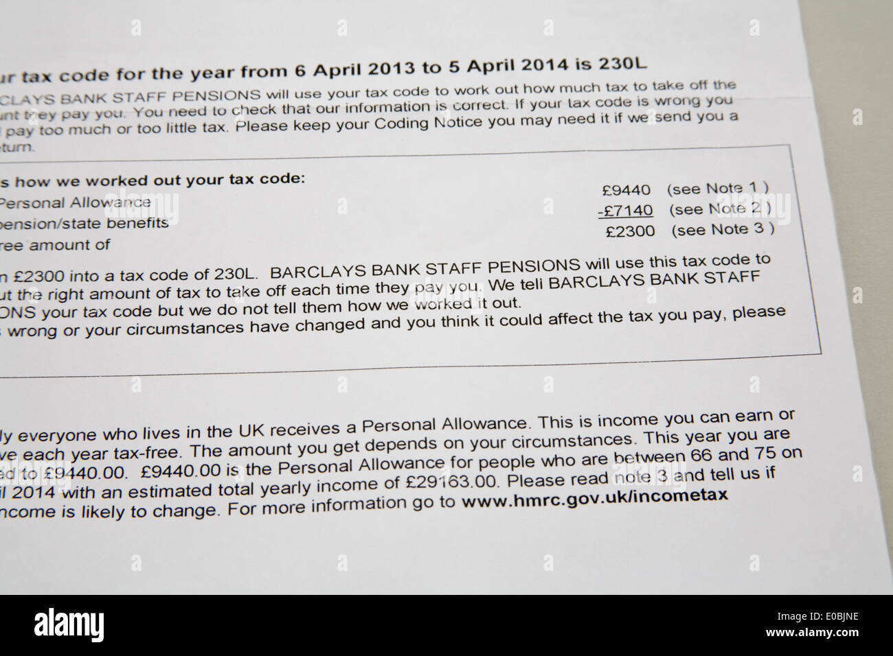 Notification of Tax Code for Barclays Bank Pensioner Stock Photo - Alamy