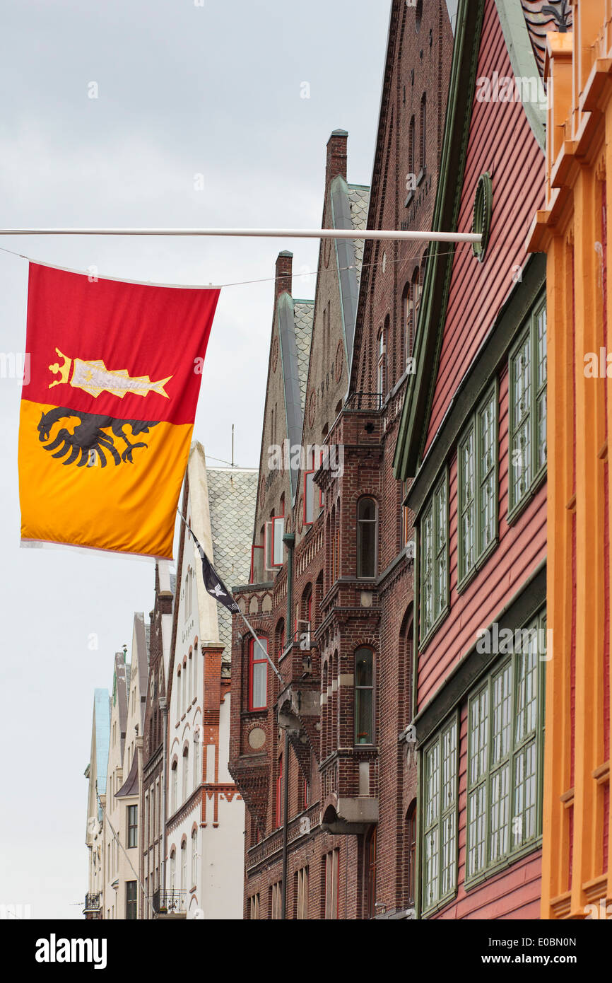 Facades of buildings with flag in Bergen, Norway Stock Photo - Alamy
