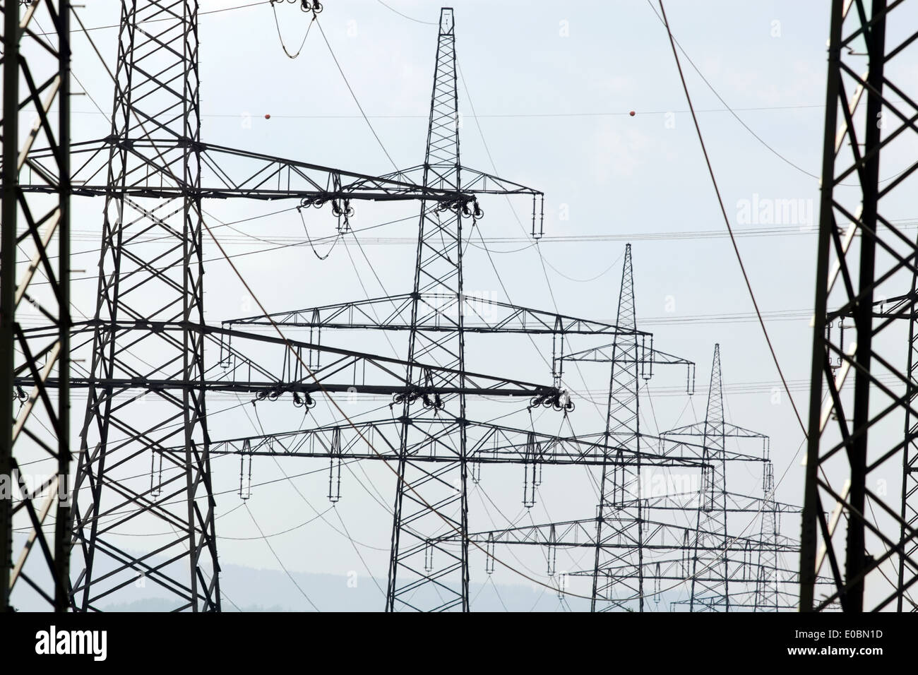 power supply line. High-tension masts Stock Photo - Alamy
