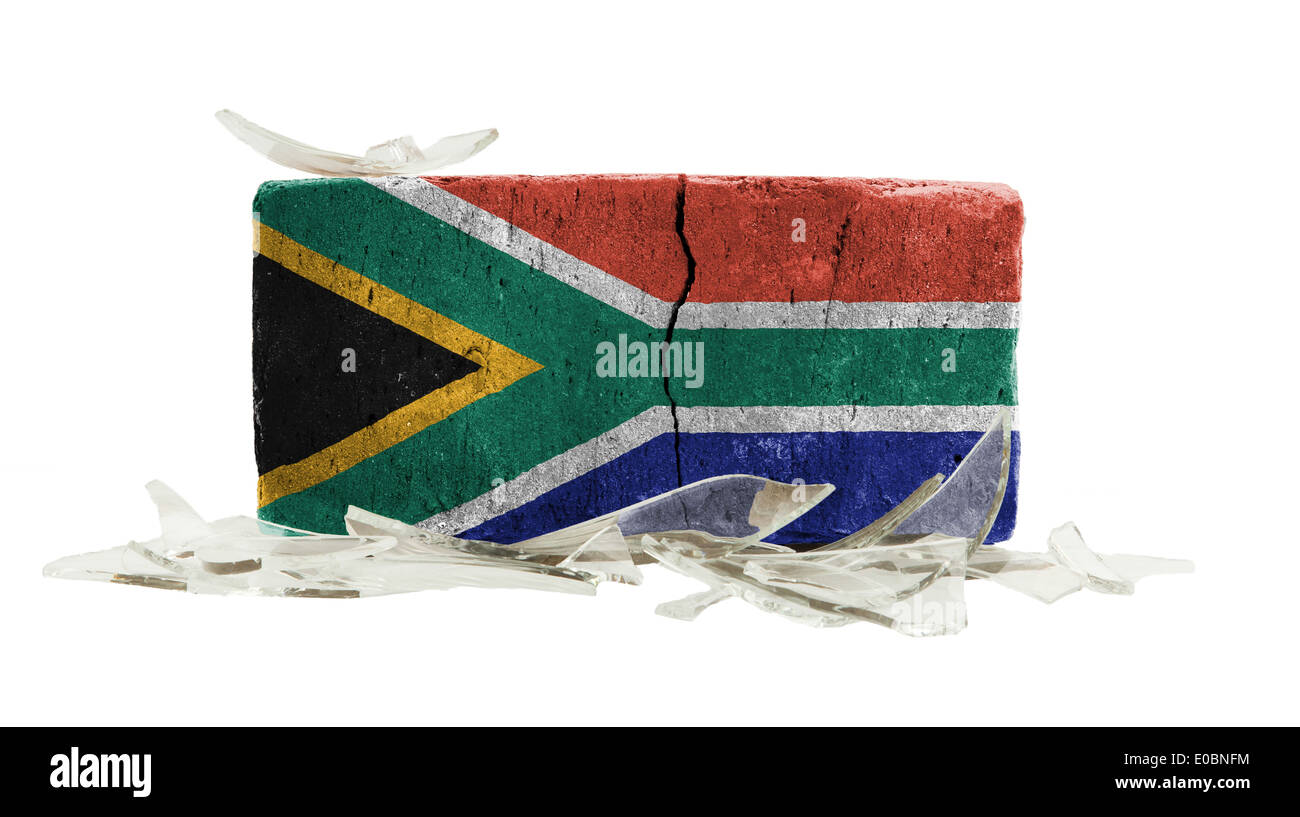 Brick with broken glass violence concept flag of South Africa Stock ...