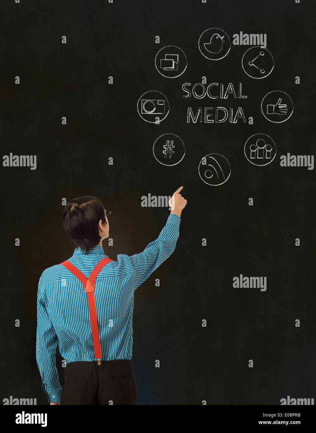 Nerd geek businessman with computer social media network icons on ...