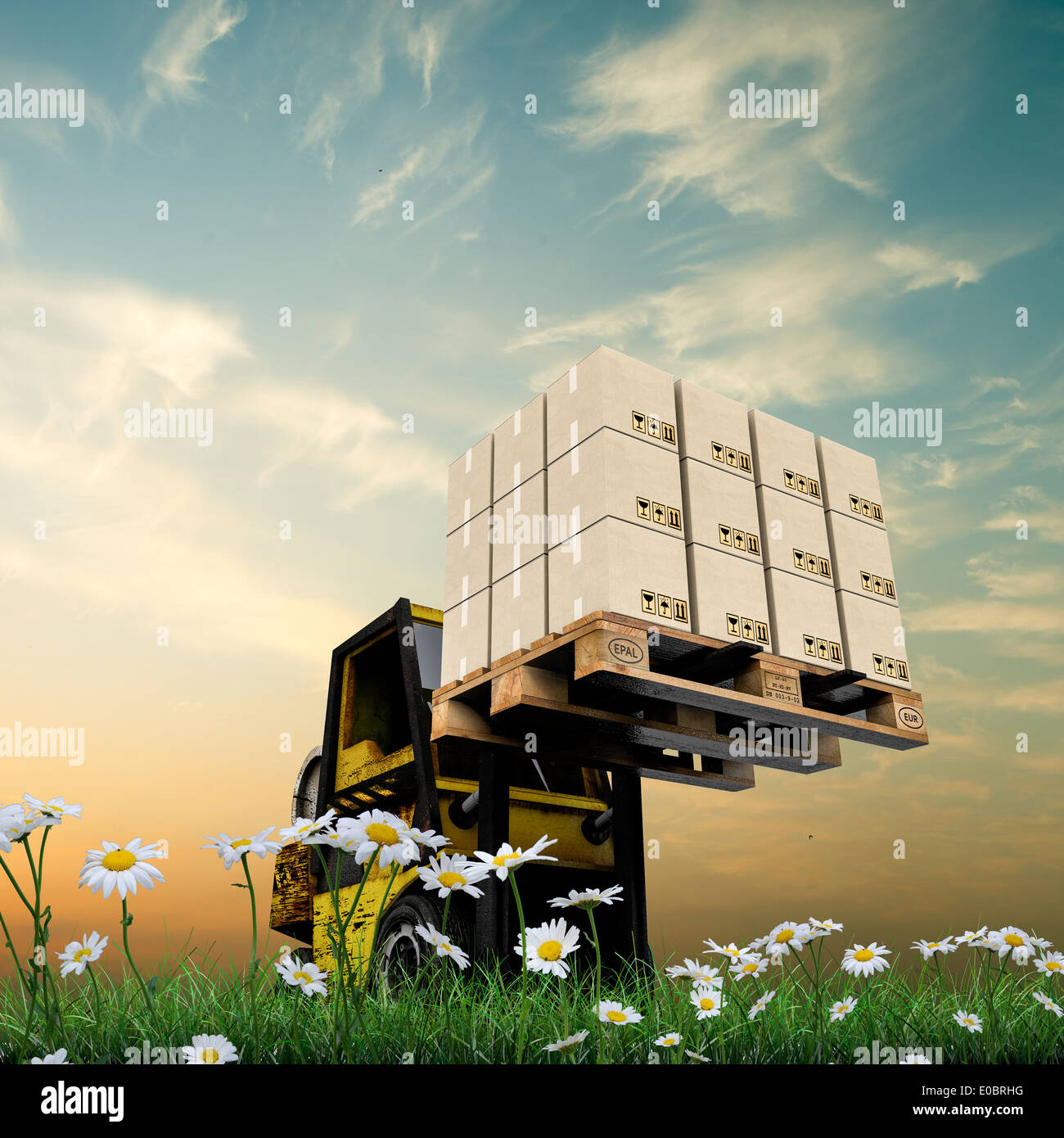 forklift moving on green grass Stock Photo - Alamy