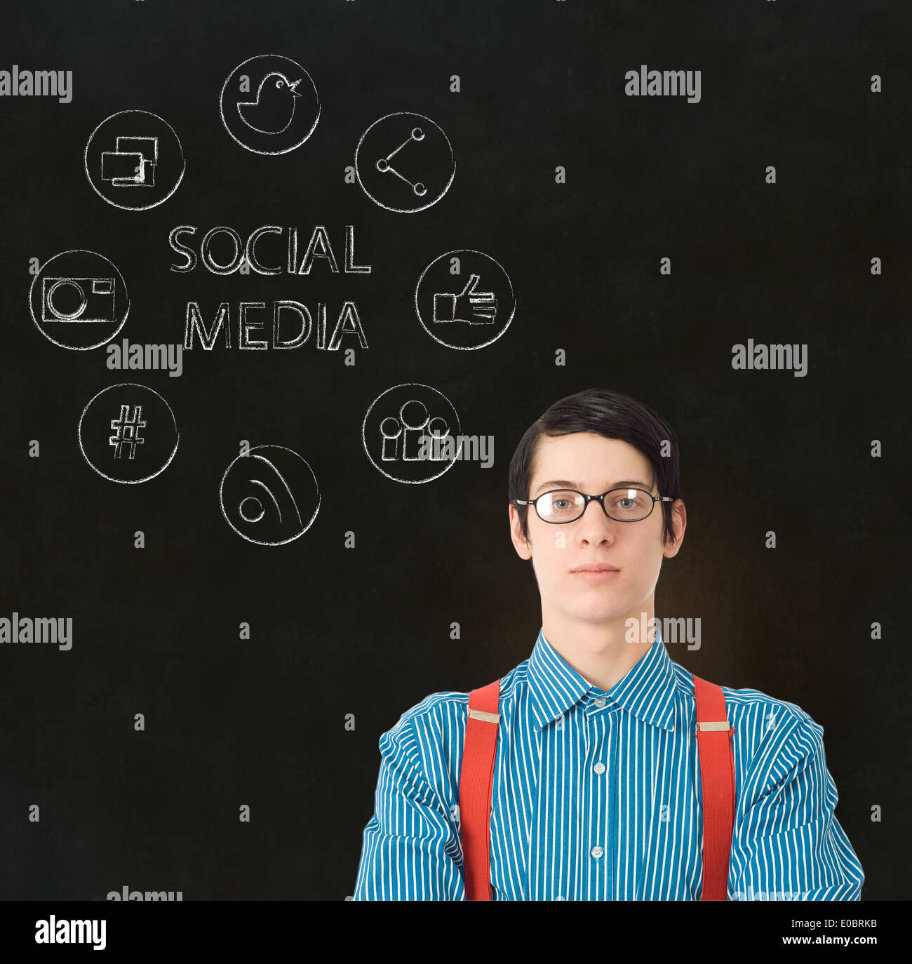 Nerd geek businessman with computer social media network icons on ...