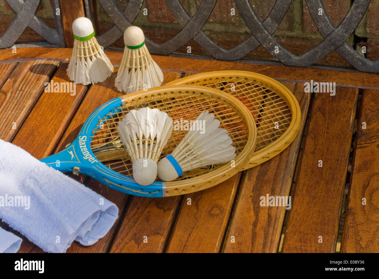 Badminton Rackets, raquets, with shuttle cocks on wooden seat Stock ...