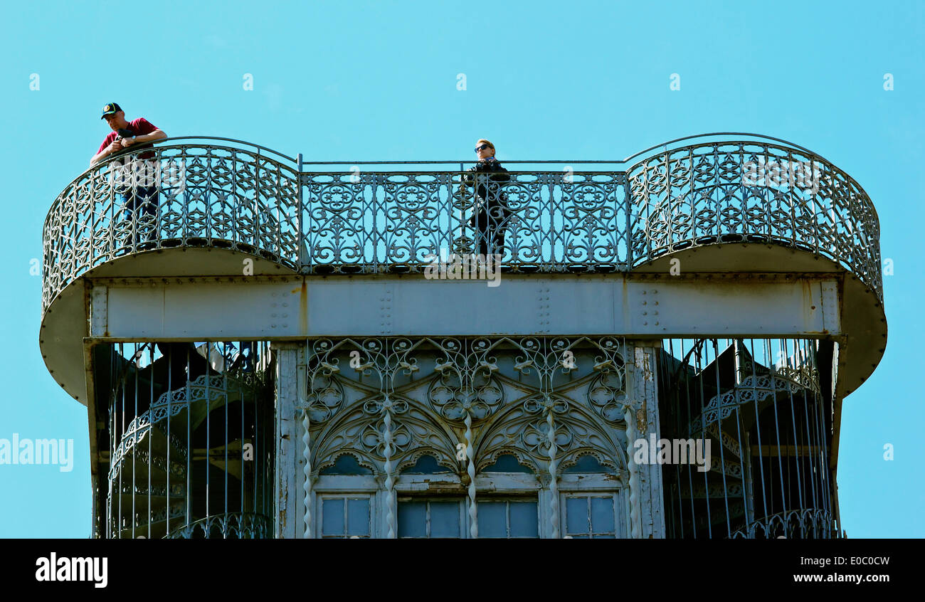 Tourists on the observation viewing platform of Neo-Gothic Elevador de ...
