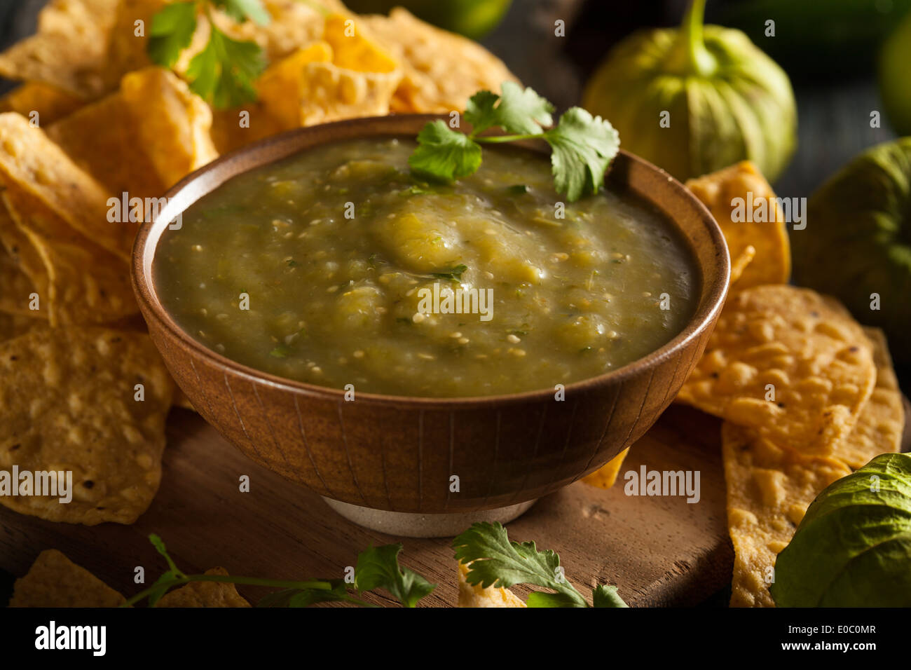 Homemade Salsa Verde with Cilantro and Tortilla Chips Stock Photo - Alamy
