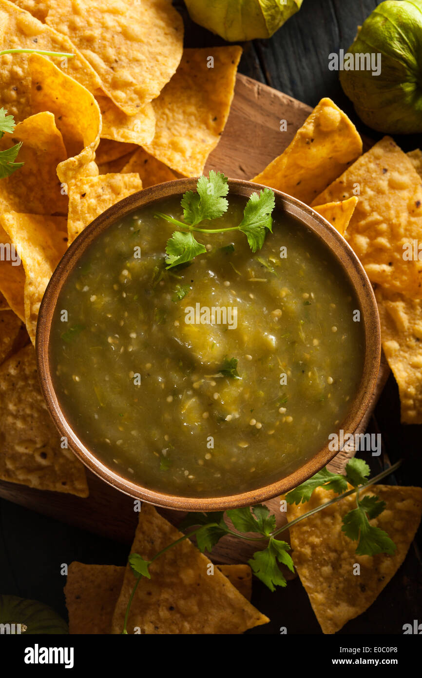 Homemade Salsa Verde with Cilantro and Tortilla Chips Stock Photo - Alamy